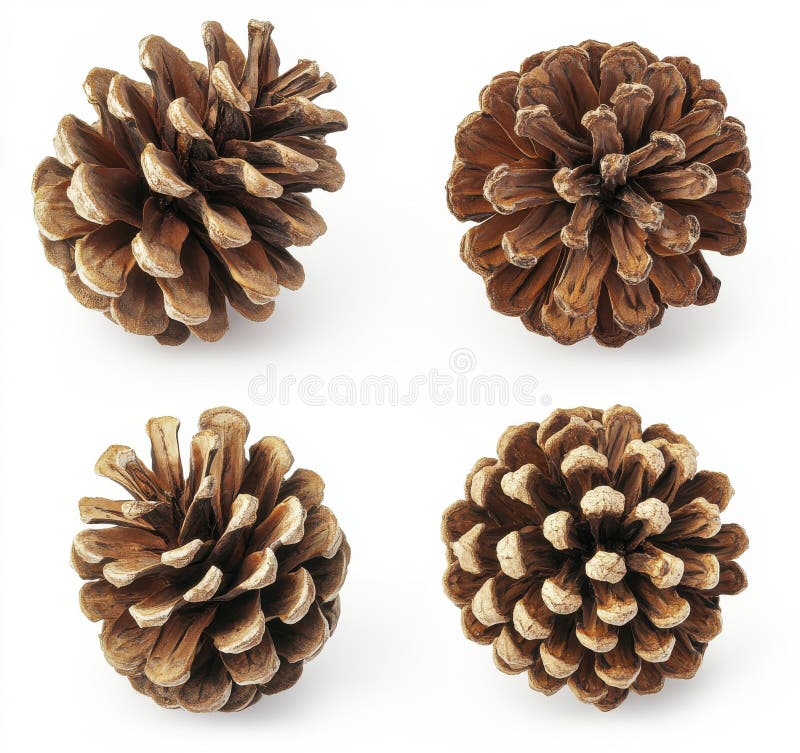 Four Brown Pine Cones on White Background Detailed Close Up Stock ...
