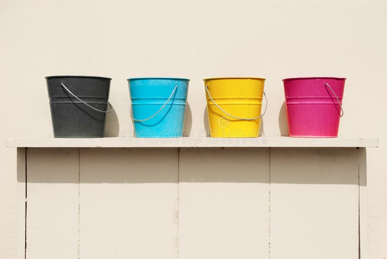 Four Buckets of Different Colors Stock Image - Image of shape, green ...