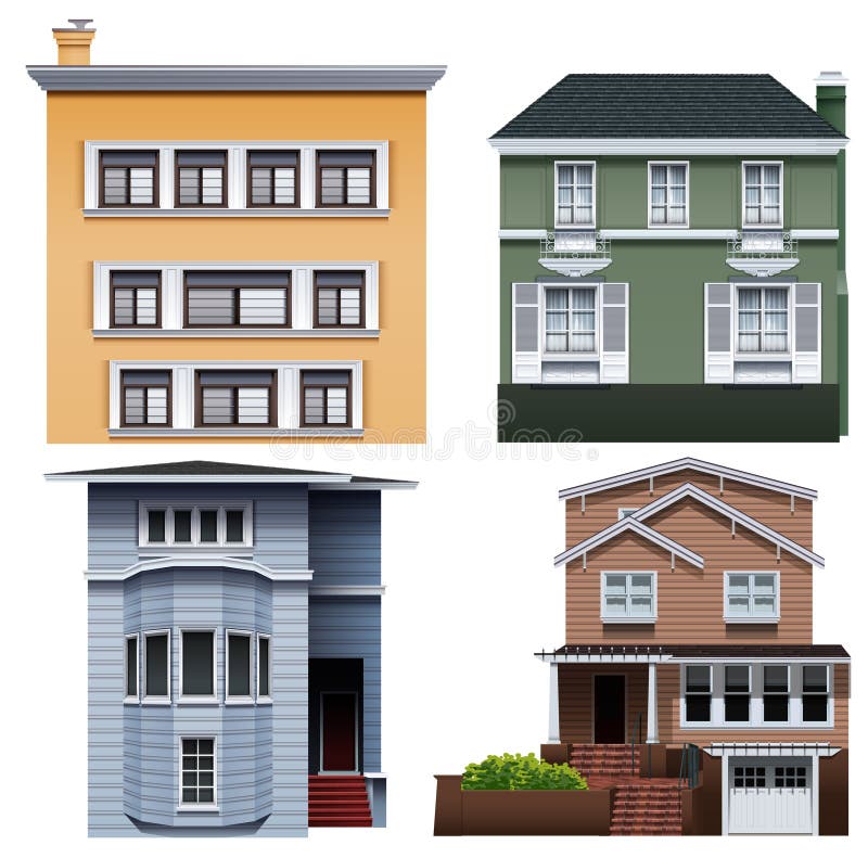 Set of Four Buildings Types Hand Drawn Cartoon Illustration Stock ...
