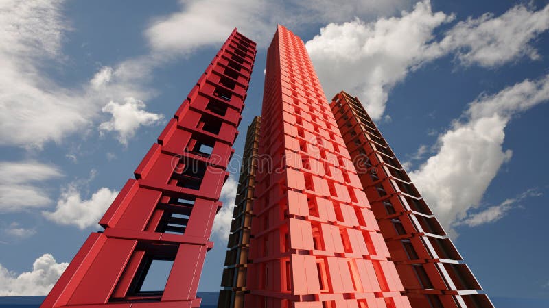 Four Buildings of Great Many Blocks after Falling Down with a Blue Sky ...