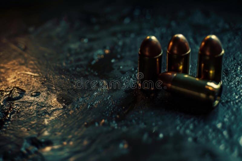 Bullets Lying on Wet Metal Surface with Dramatic Lighting Stock Photo ...