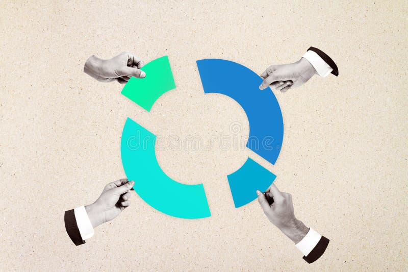 Four Business Hands Assembling Colorful Circular Chart Pieces on Light ...