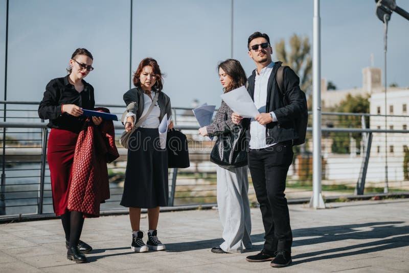 Diverse Group of Business People Reviewing Documents Outdoors Stock ...