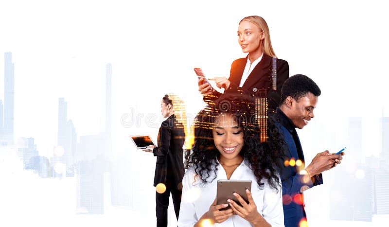 Four Business People Using Smartphone for Online Network Stock Image ...