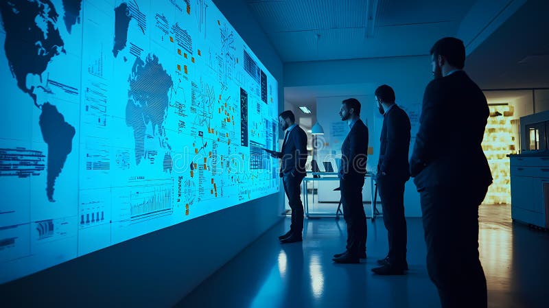 Businessmen Planning Global Strategy Using Futuristic Screen Showing ...