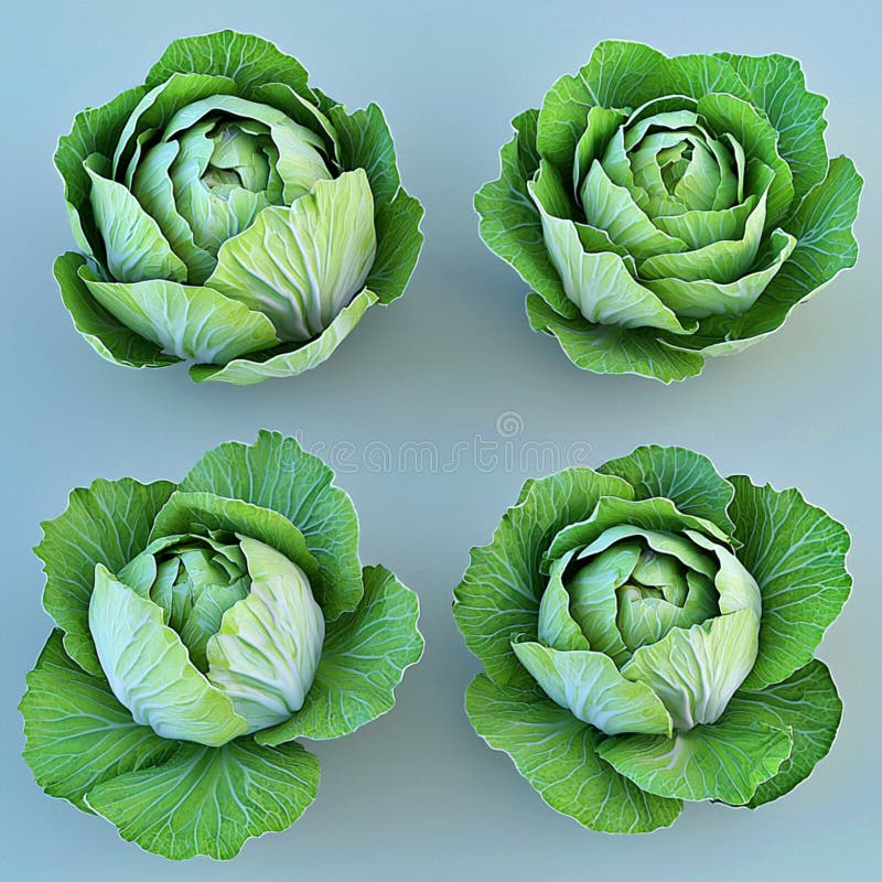 Four Cabbages Arranged in a Square Pattern on a Light Gray Background ...