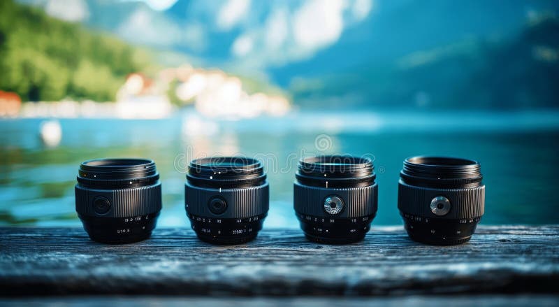 Four Camera Lenses Lined Up, with a Blurred Blue Backdrop Behind Them ...