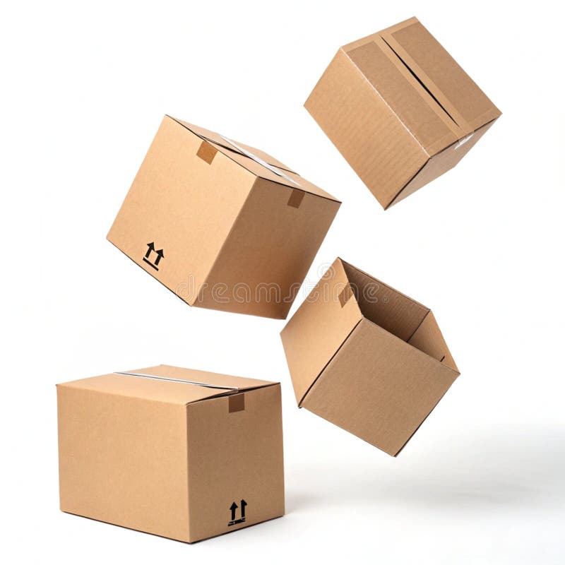 Four Cardboard Boxes Falling Against a Black Background Stock ...