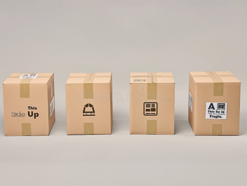 Four Cardboard Boxes with Shipping Labels Stock Photo - Image of ...