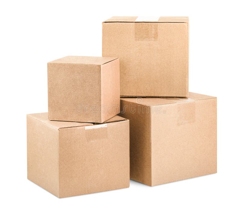 Four Cardboard Boxes with Shipping Labels Stock Photo - Image of ...