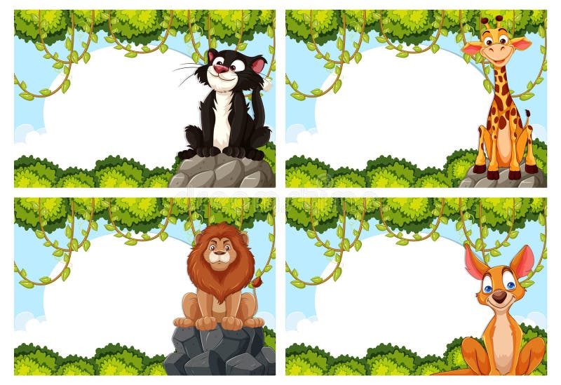 Four Animals Smiling in a Jungle Setting Stock Vector - Illustration of ...