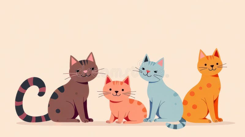 Four Cartoon Cats Sitting in a Row with Varying Colors and Patterns ...