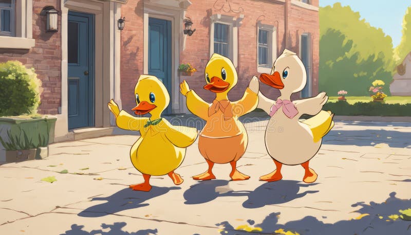 Four Cartoon Ducks are Walking Down a Street Stock Illustration ...