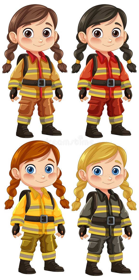 Four cartoon firefighters stock vector. Illustration of gloves - 344873981
