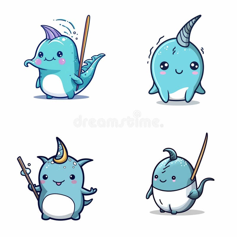 Four Cartoon Fish with Different Poses and One Holding a Stick Stock ...