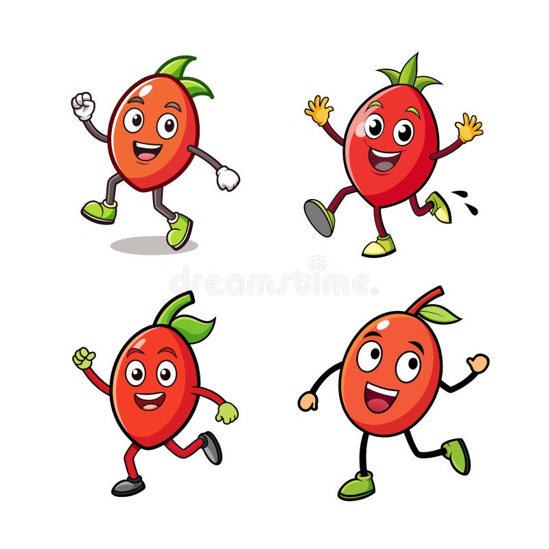 Joyful Cartoon Fruit Characters in Dynamic Poses on White Stock Vector ...