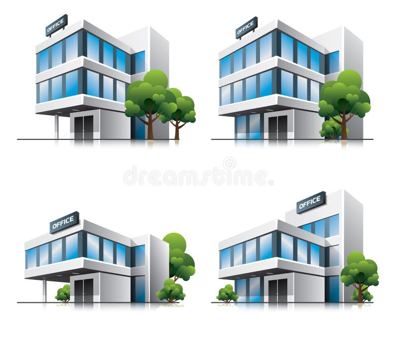 Four Cartoon Office Buildings with Trees. Stock Vector - Illustration ...