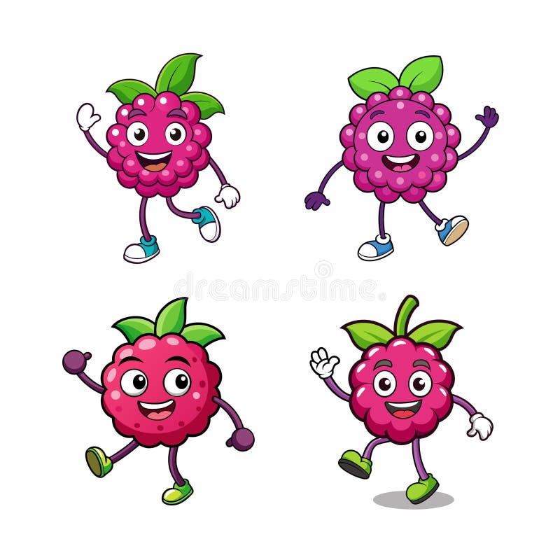 Four Cartoon Raspberries Characters Waving with Smiling Faces Stock ...