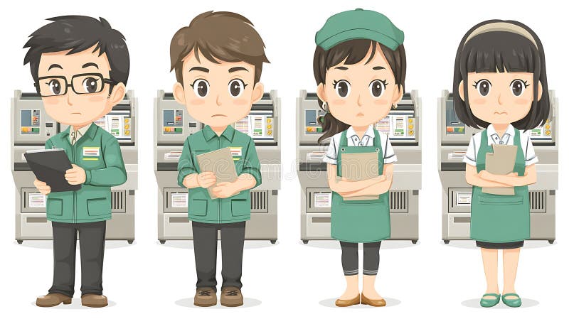 Four Cartoon Workers in Green Uniforms Stand Near ATMs Stock ...