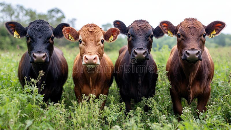 Four Cattle Graze, Pasture, Rural, Summer Stock Illustration ...