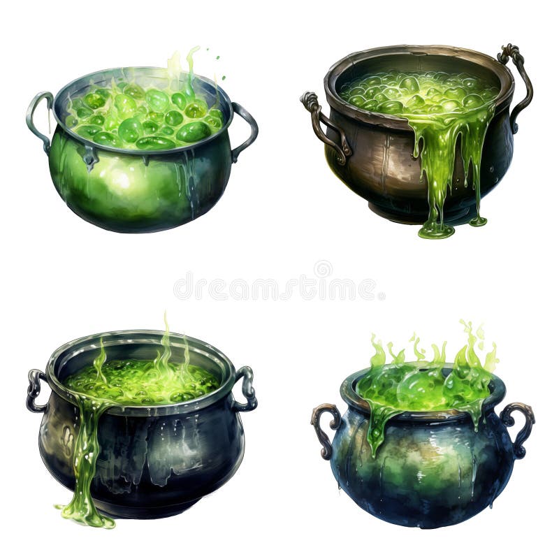 Four Cauldrons Filled with Bubbling Green Potion Stock Image ...