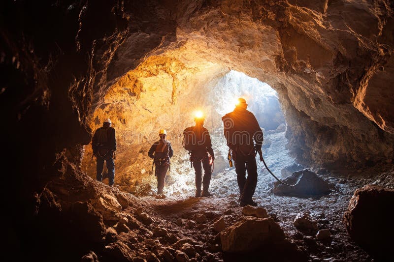 Four Cavers Exploring a Cave with a Light at the End Stock Illustration ...
