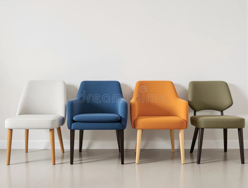 Four Chairs are Lined Up in a Row, with the First Chair Being White ...