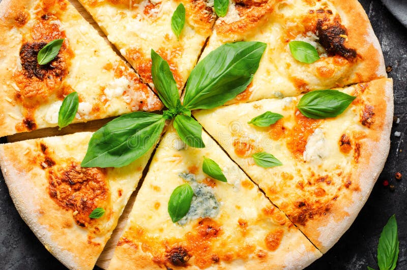 Four Cheese Pizza on Dark Background, Freshly Baked Pizza Stock Image ...