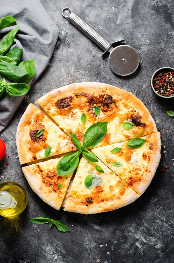Four Cheese Pizza on Dark Background, Freshly Baked Pizza Stock Image ...