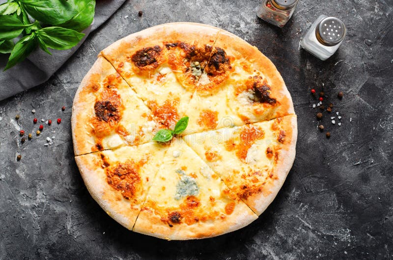 Four Cheese Pizza on Dark Background, Freshly Baked Pizza Stock Photo ...