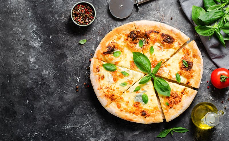 Four Cheese Pizza on Dark Background, Freshly Baked Pizza Stock Photo ...