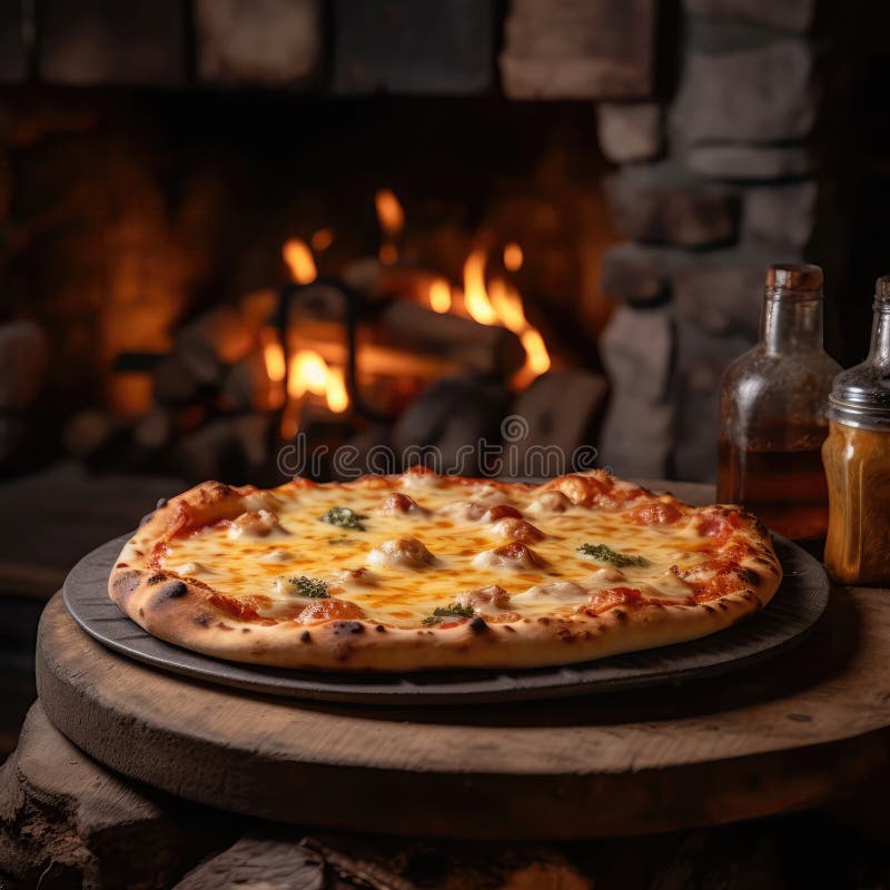 Four Cheese Pizza on Stone in Rustic Pub. Generative AI Stock ...