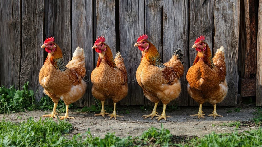 Four Chickens Standing in a Row Outdoors Stock Illustration ...
