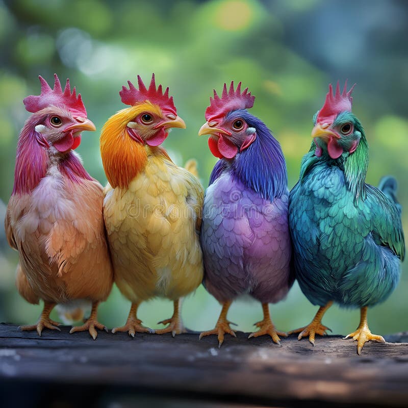 Four Chickens with Vibrant, Multi-colored Plumage Stand in a Row, Each ...