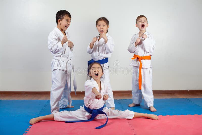 Four Children Demonstrate Martial Arts Working Together Stock Photo ...