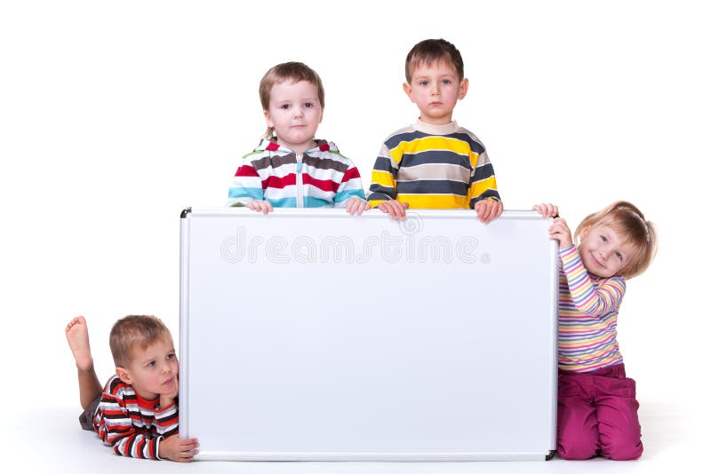 Children Girls Group Holding Blank White Board Copy Space Stock Image ...