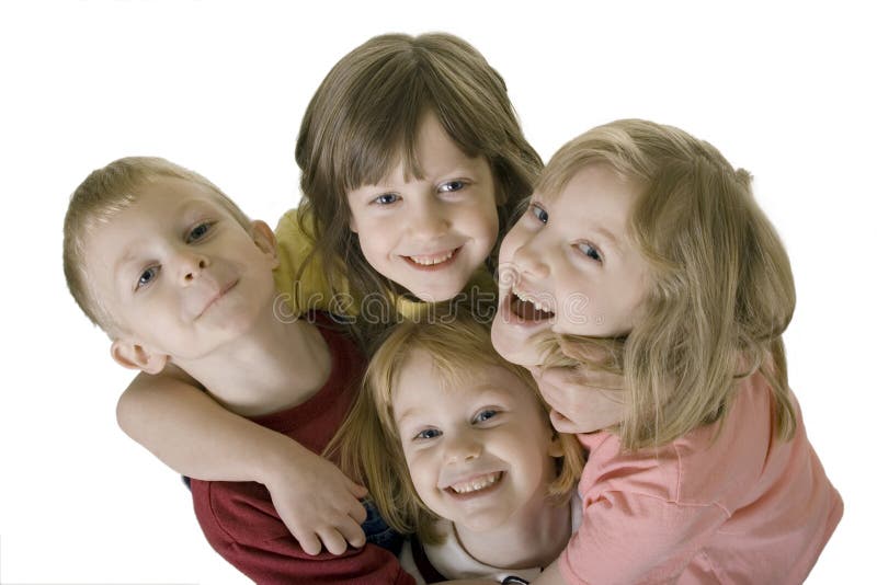 Four Children Hugging from Above Stock Photo - Image of hugging, blue ...