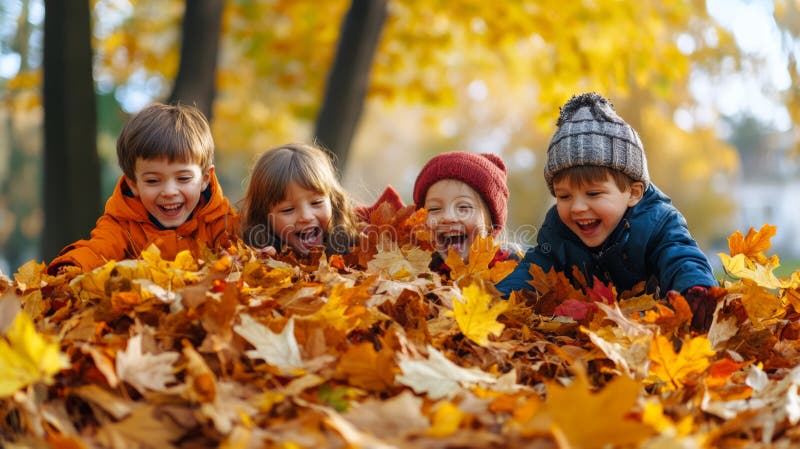 Four Children Laughing in Pile of Autumn Leaves Stock Illustration ...