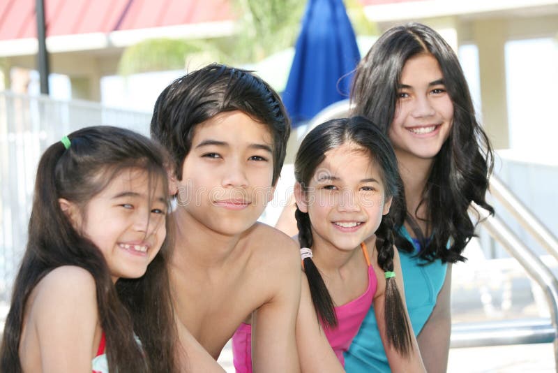 Four Children by the Pool Side Stock Photo - Image of happy, brother ...