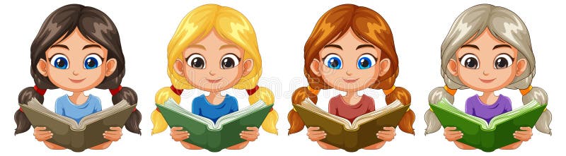 Four Children Reading Books Stock Vector - Illustration of development ...