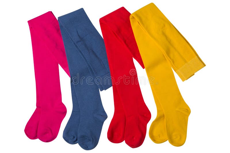 Four Children`s Multi-colored Tights Folded in Half, Lie in a Row, on a ...