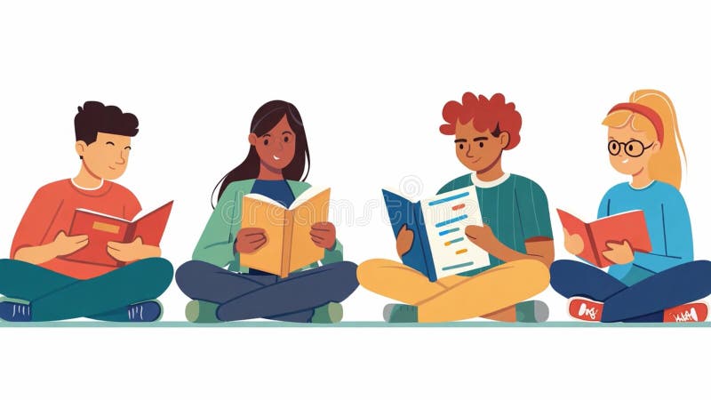 Four Children Sit on the Floor, Each Engaged in Reading Different Books ...