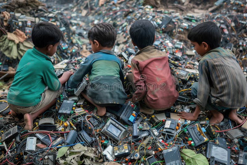 Four Children are Sitting on a Pile of Electronic Waste. the Children ...