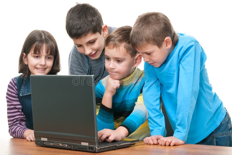 Four Children Studying Using a Laptop Stock Image - Image of group ...