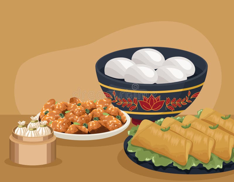 Four Chinese Food Dishes Scene Stock Vector - Illustration of rolls ...