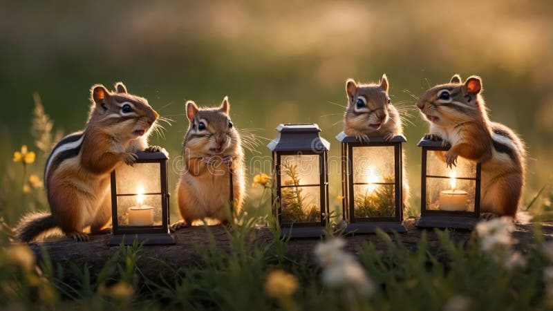 Charming Chipmunks Gathered Around Lit Lanterns at Sunset Stock ...