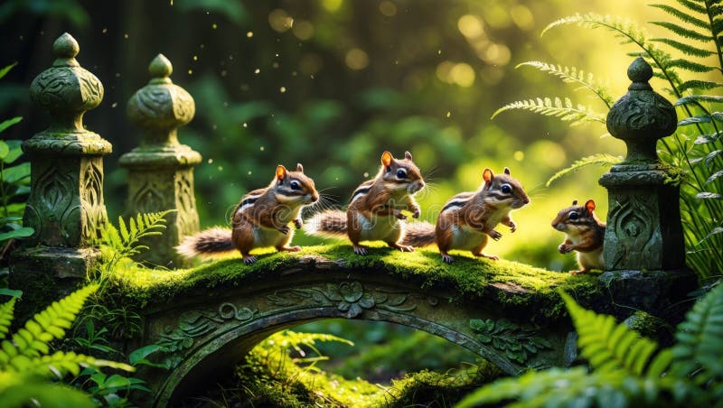 Adorable Chipmunks Crossing a Mossy Stone Bridge in a Lush Forest Stock ...