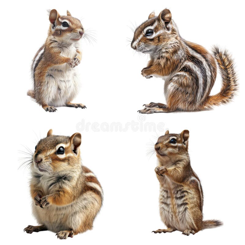 Four Chipmunks in Various Poses, Isolated on White Background Stock ...