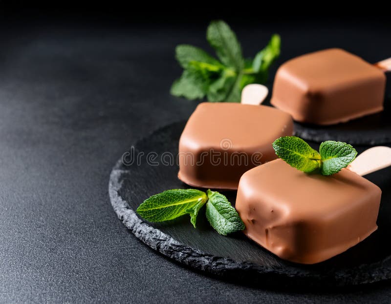 Delicious Glazed Ice Cream Bars and Mint on Black Table. Space for Text ...