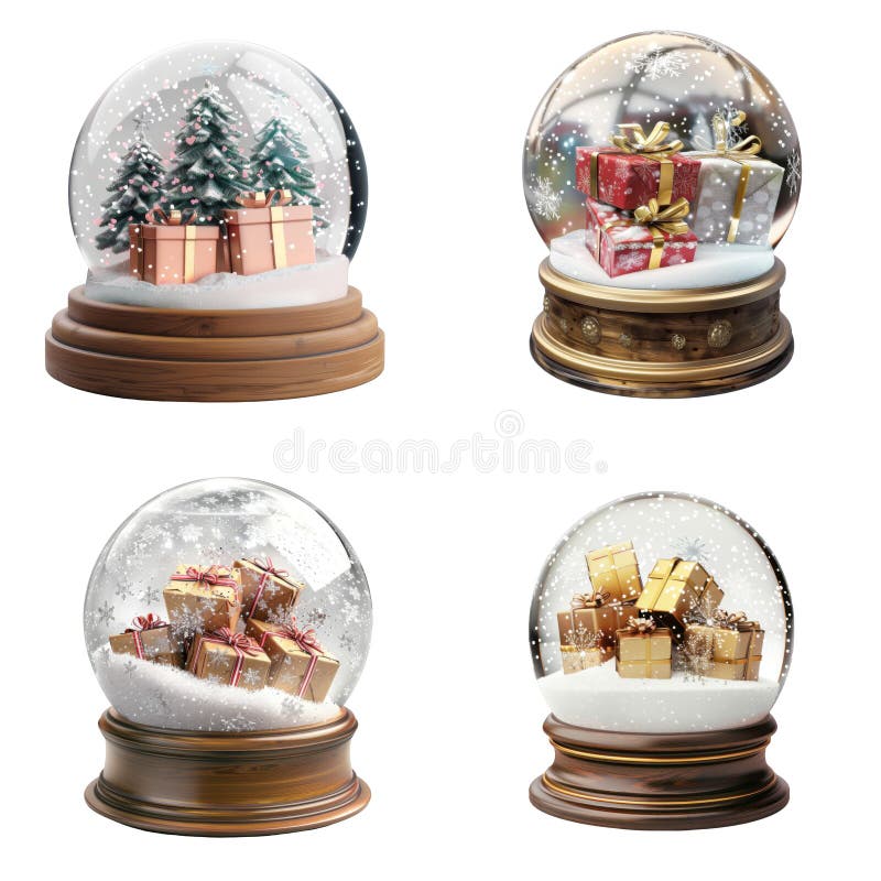 Four Christmas Snow Globes with Different Festive Decorations Stock ...